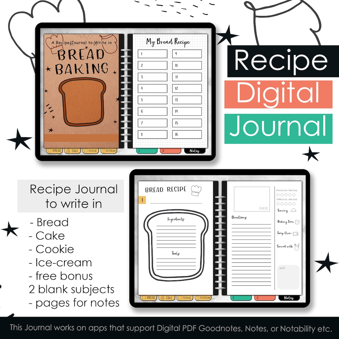 Personalized Recipe, Digital Journal / Notebook for Goodnotes : Bread ...