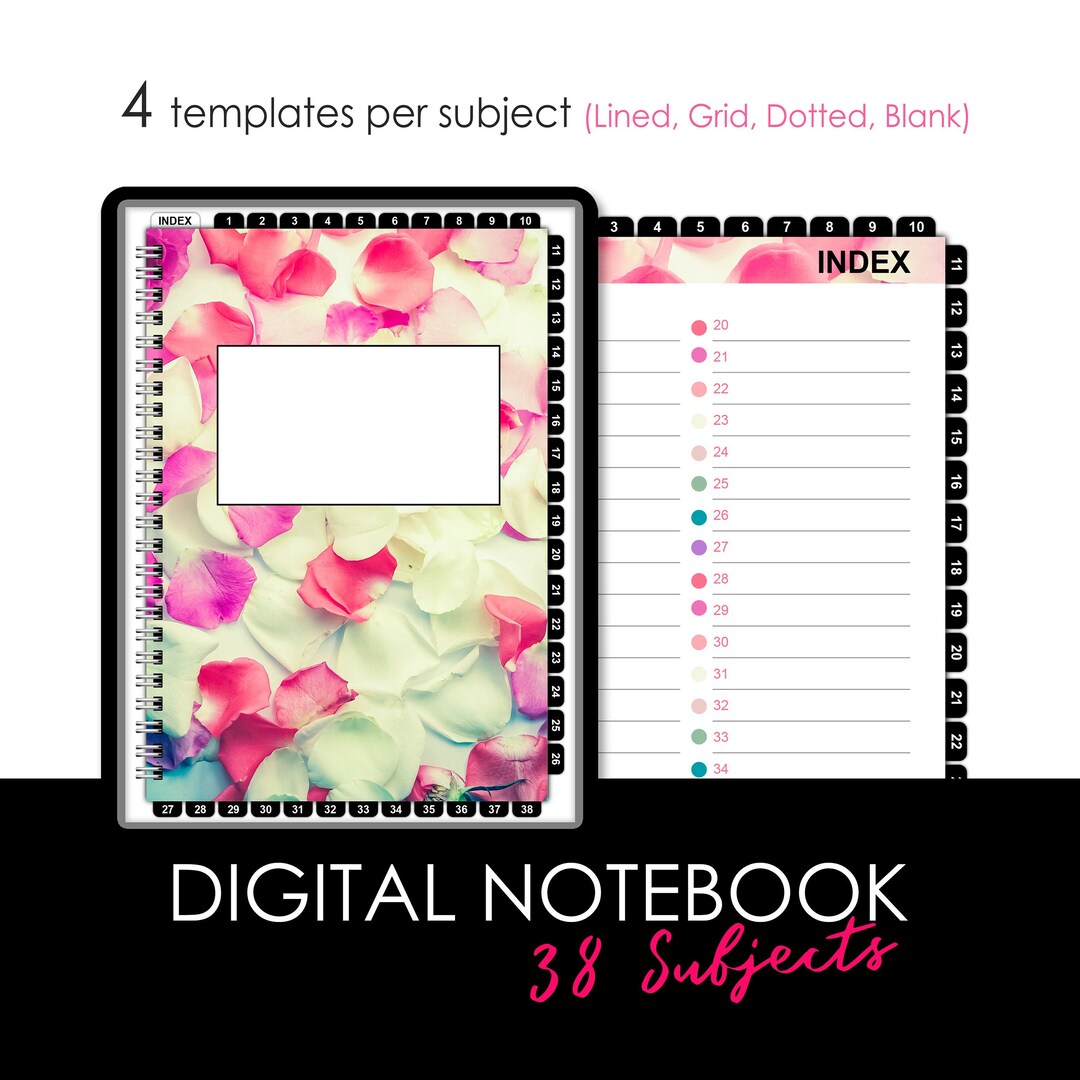 Rose Digital Notebook With 38 Subject Tabs for Goodnotes, (writing ...