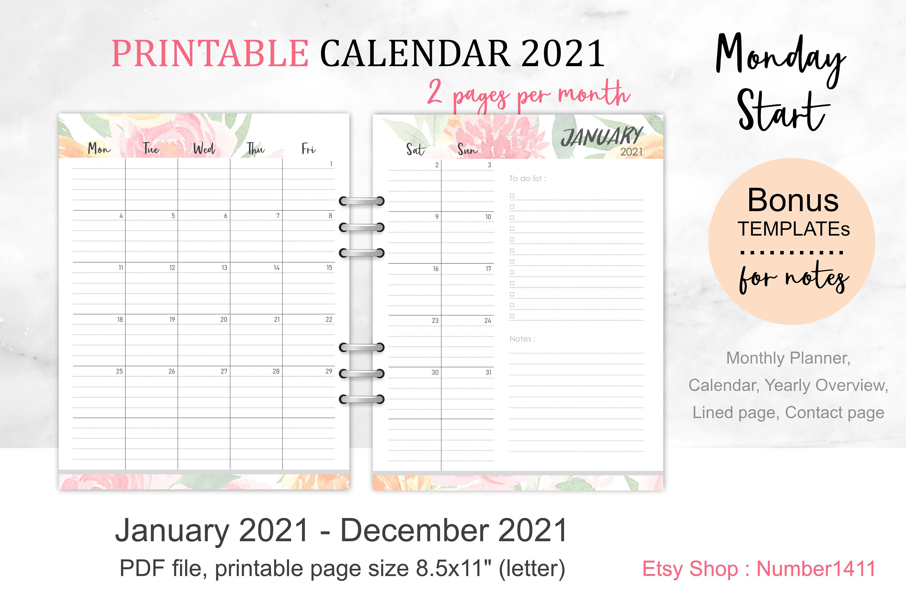 Printable calendar 2021 printable monthly planner 2021 pdf | Etsy