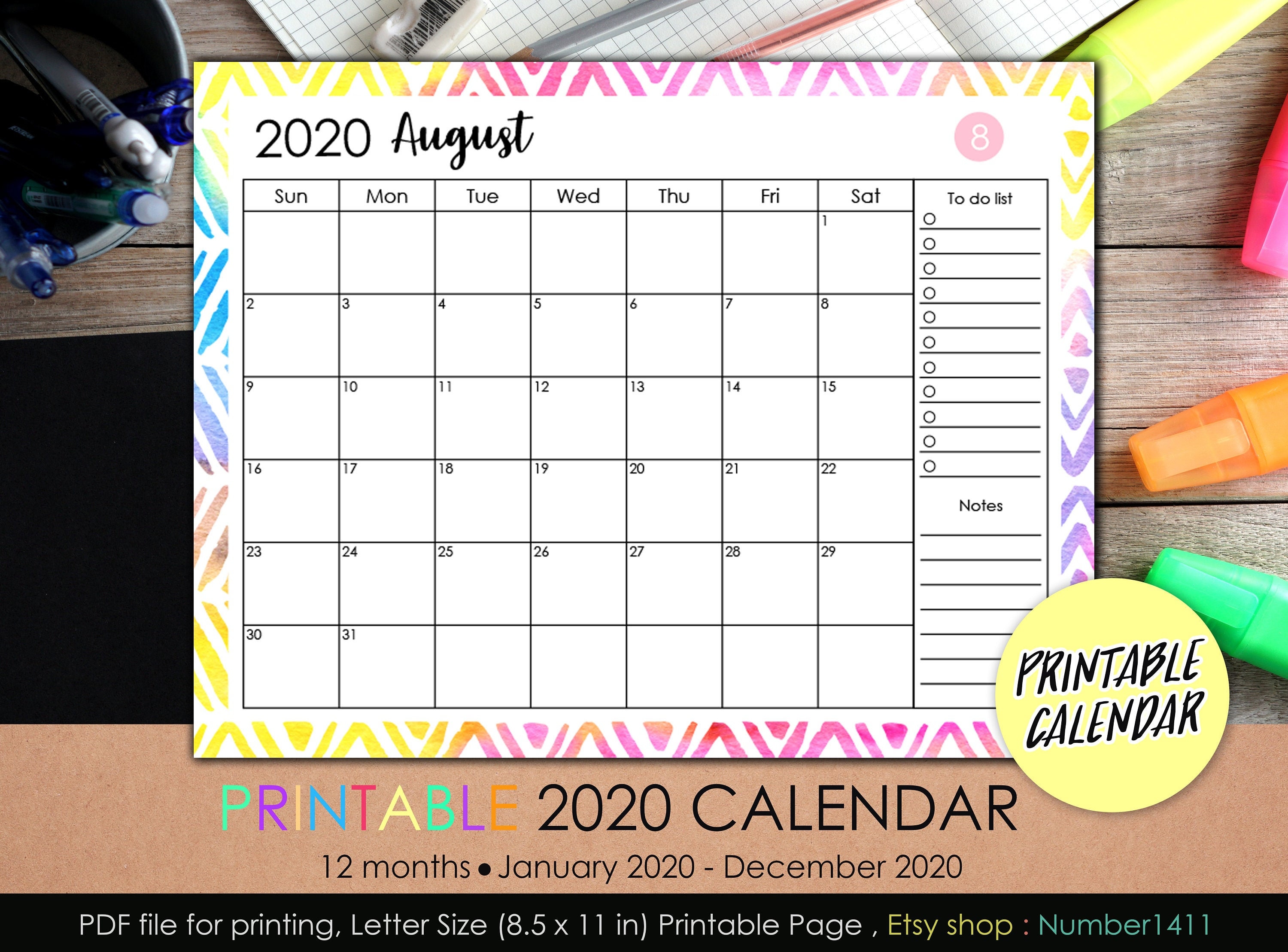 2020 Wall Calendar Printable Calendar 2020 Printable - Etsy