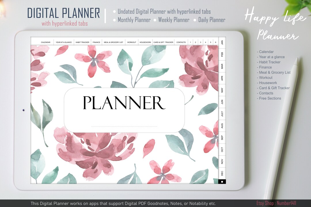 Undated Flower Digital Planner, Happy Life Planner : Time Management ...