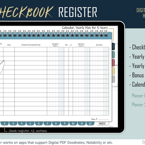 Checkbook Register With 5 Year Calendar Digital Planner With | Etsy