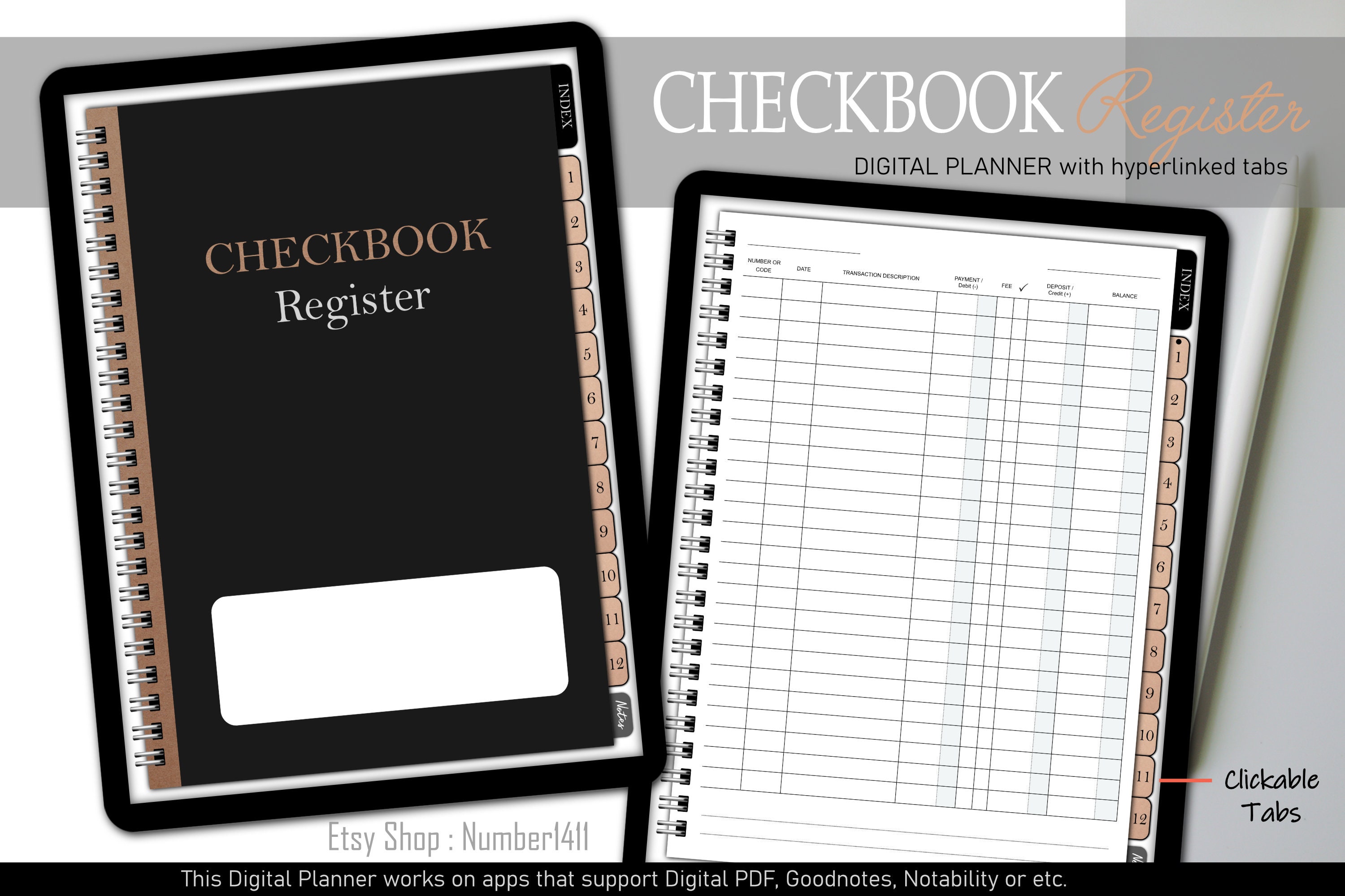 Digital Checkbook Register, Simple Undated Digital Planner With ...