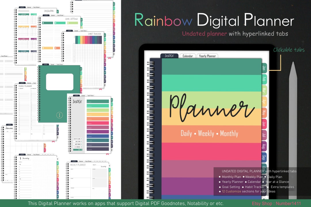 Rainbow Digital Planner, Simple Undated Planner With Hyperlinked Tabs ...