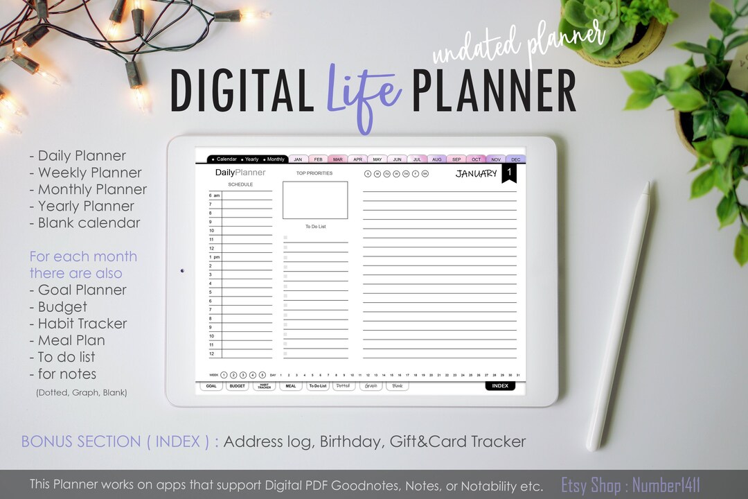 Digital Life Planner , Undated Digital Planner With Hyperlinked : Daily ...
