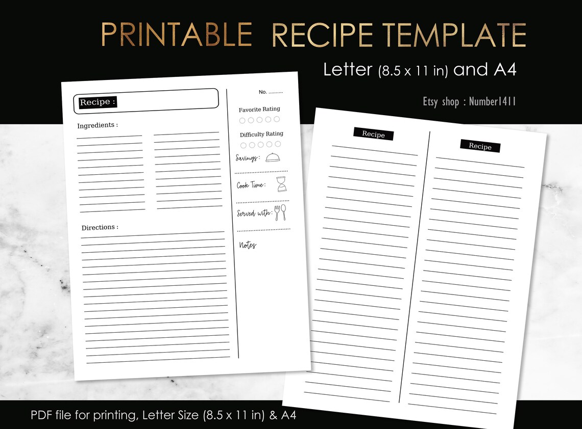 Printable Blank Recipe Template, Recipe Book Template for Personalized ...