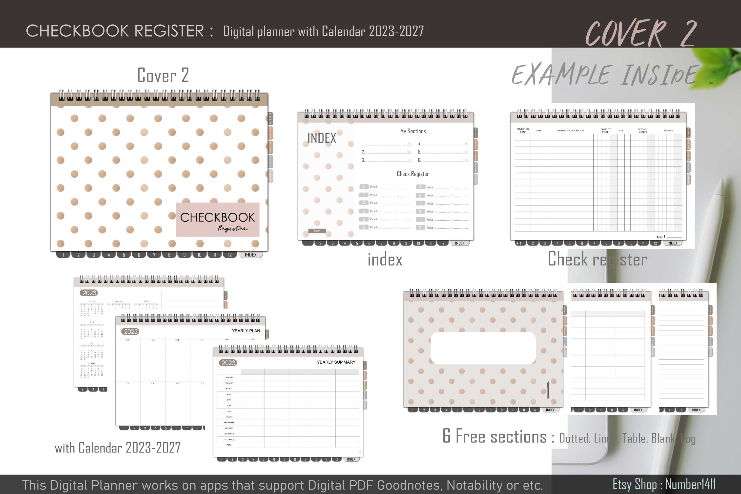 Checkbook Register With 5 Year Calendar, Digital Planner With ...