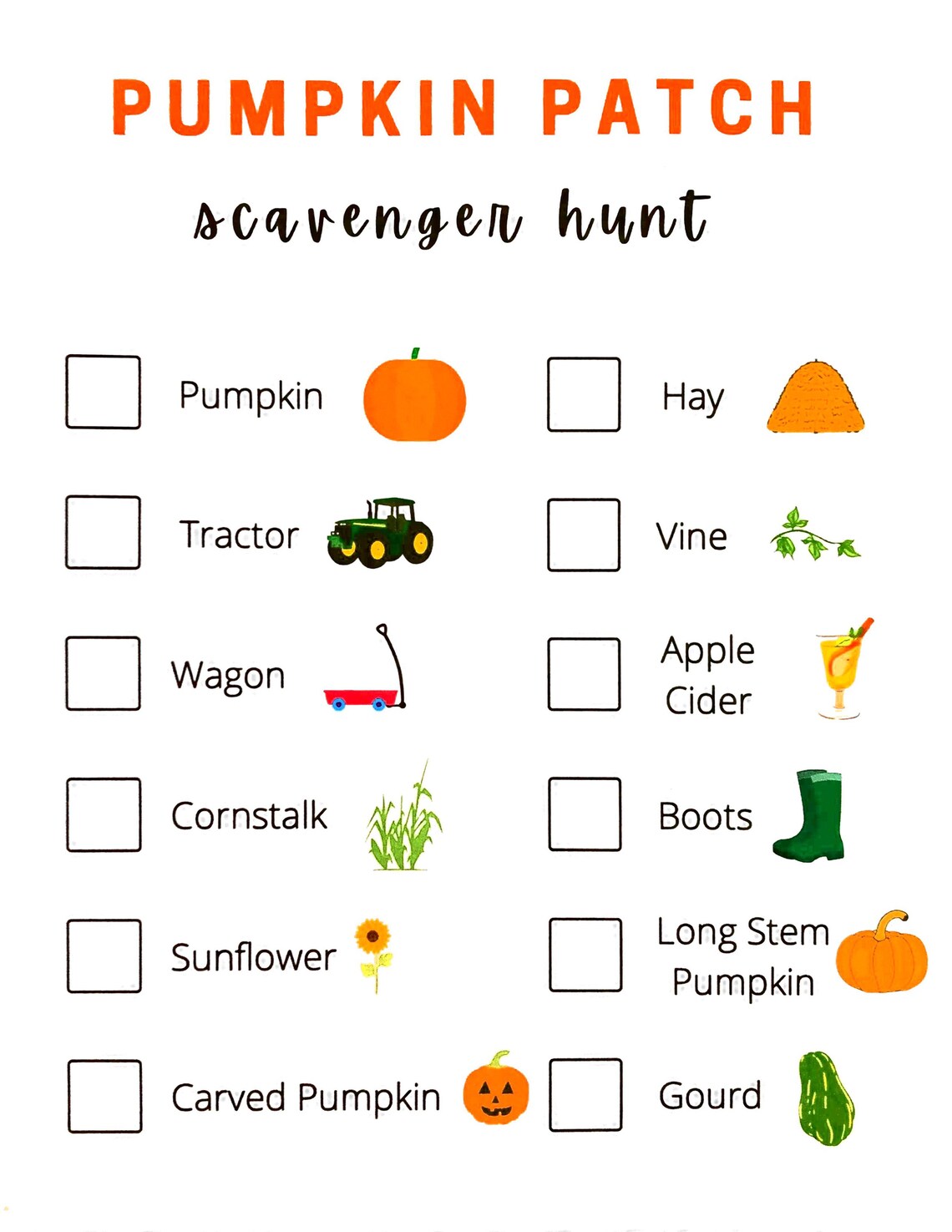 Printable Pumpkin Patch Scavenger Hunt Sheet - Pumpkin Patch Checklist ...