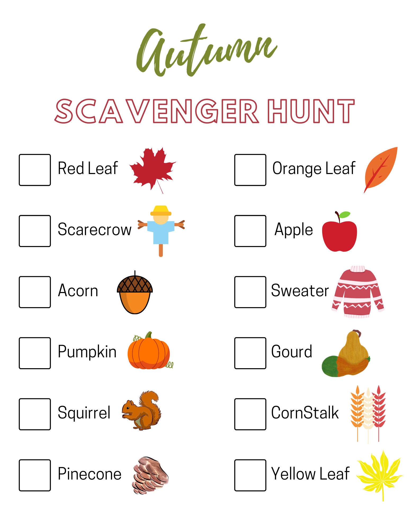 Printable Autumn Scavenger Hunt - Fall Checklist - Fall Activity - Fall ...