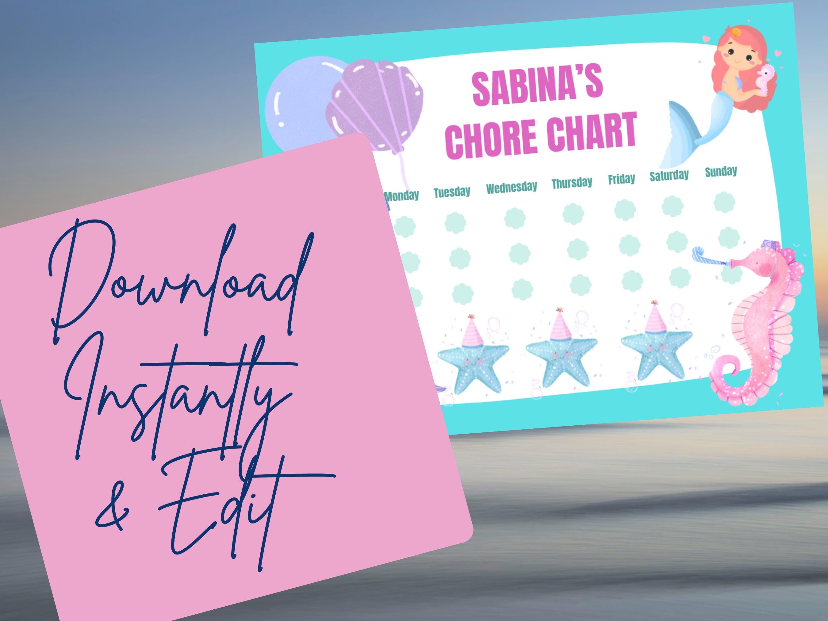 Mermaid Chore Chart for Kids - Editable Printable Chore Chart - Toddler ...