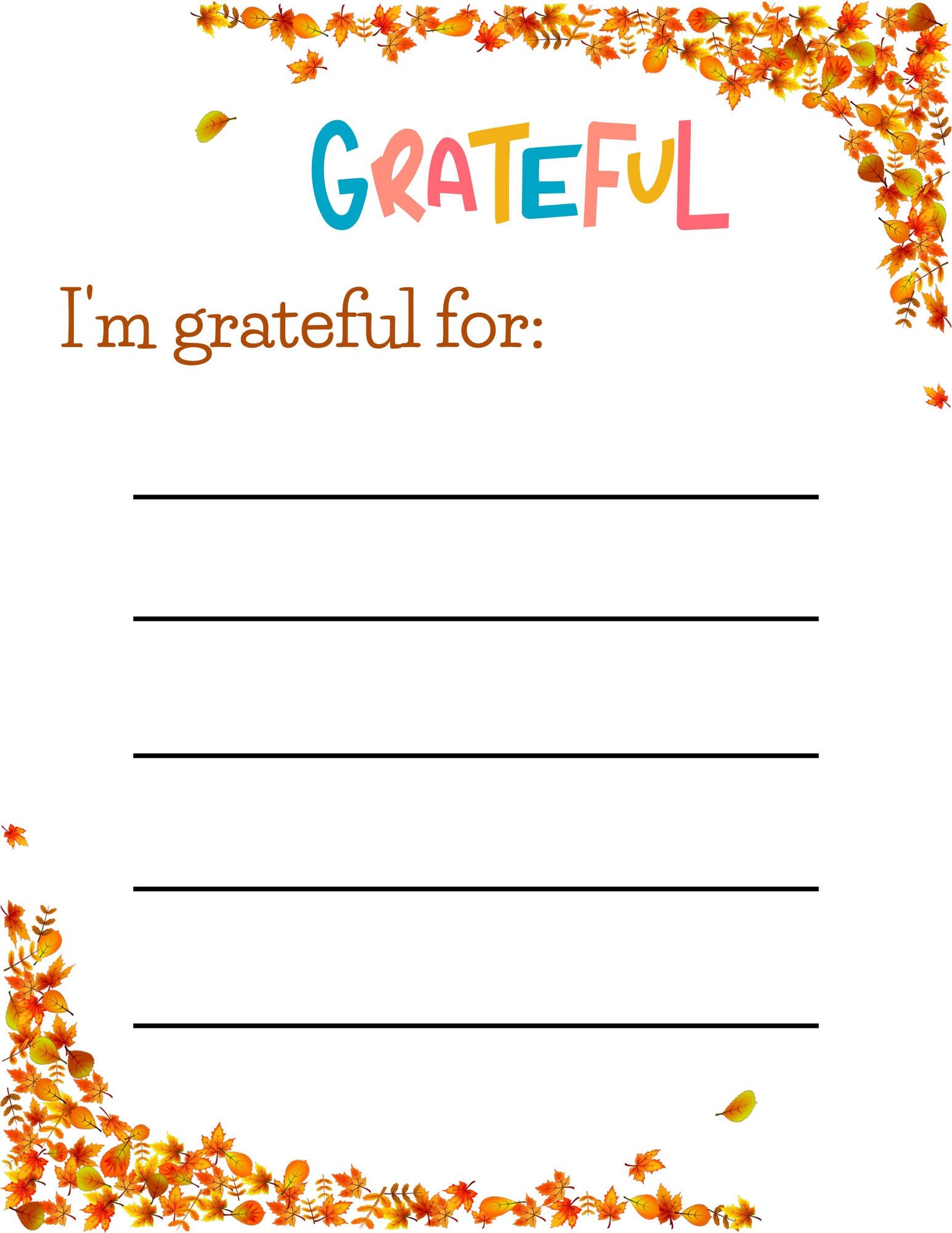 Printable Gratitude Worksheet - Instant Download - Things I'm Grateful ...
