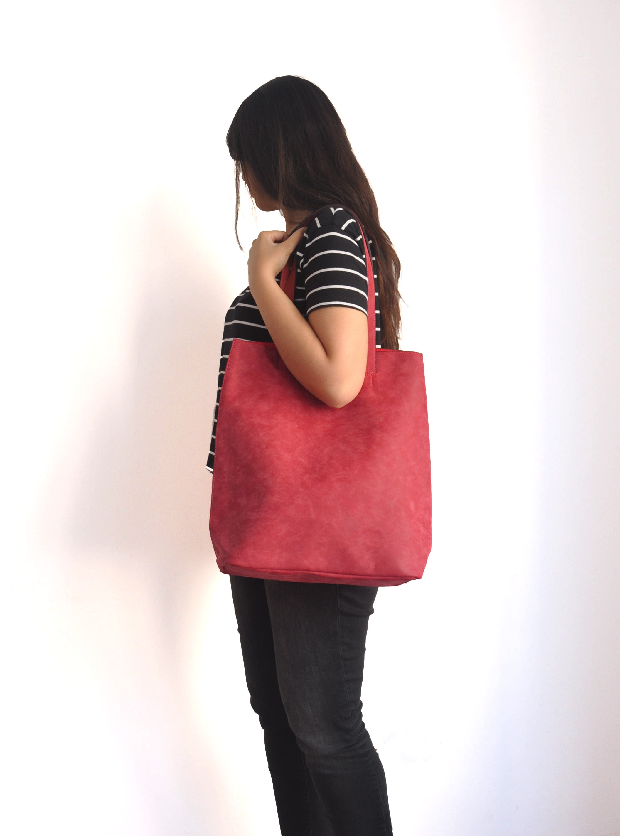 Red Tote Bag - Faux Leather - Vegan Tote Bag - Water Resistant - Vegan ...