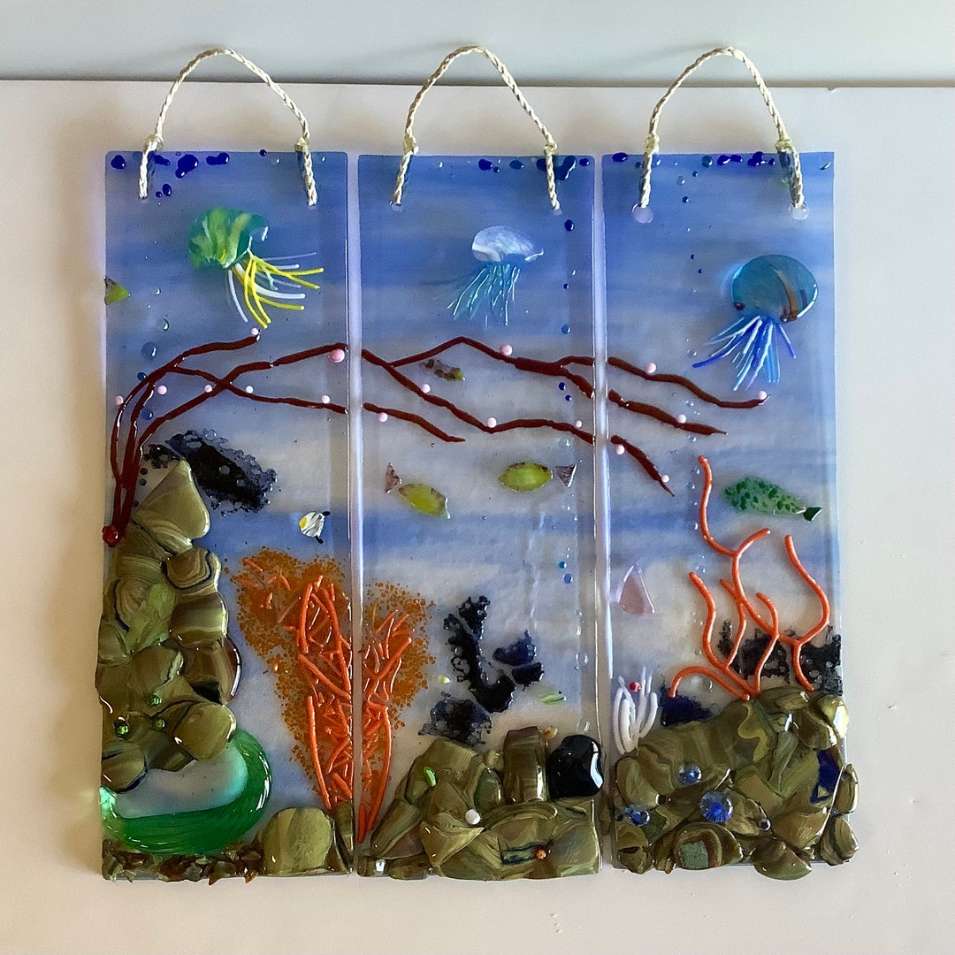 Fused Glass Seascape Triptych - Coral Reef Fish Jellyfish Aquarium - Etsy