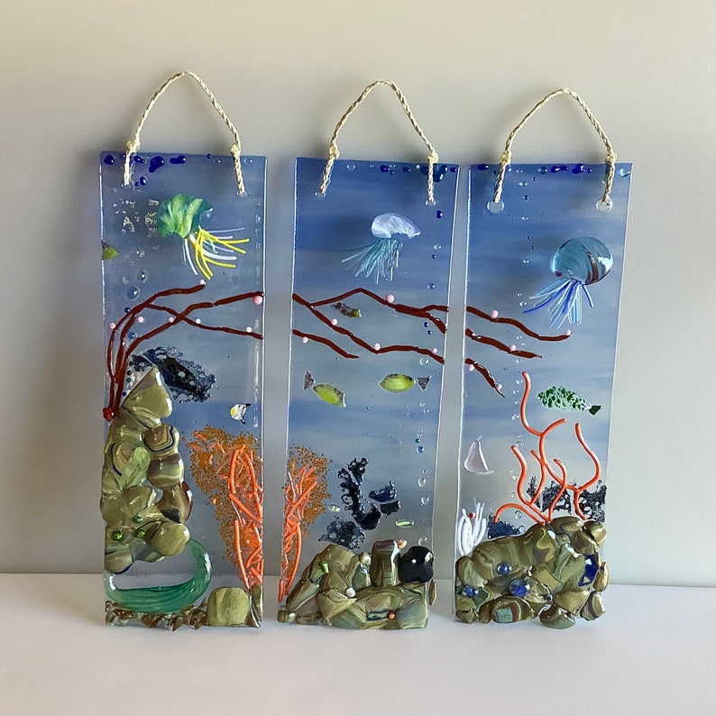 Fused Glass Seascape Triptych - Coral Reef Fish Jellyfish Aquarium - Etsy