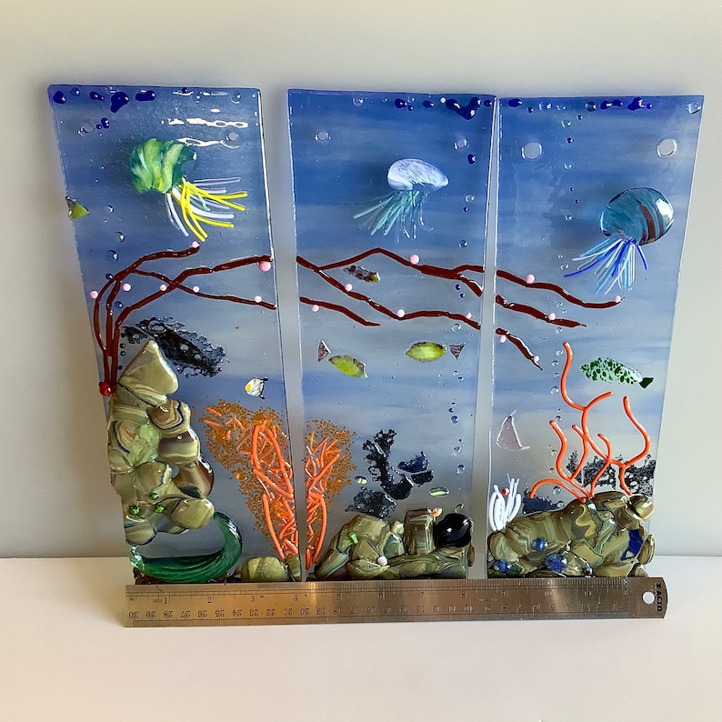 Fused Glass Seascape Triptych - Coral Reef Fish Jellyfish Aquarium - Etsy