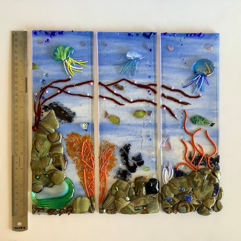 Fused Glass Seascape Triptych - Coral Reef Fish Jellyfish Aquarium - Etsy