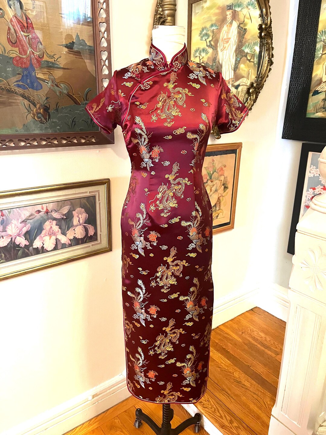 Vintage Cheongsam Dress, Burgundy Satin Dragon Dress, Vintage Satin ...