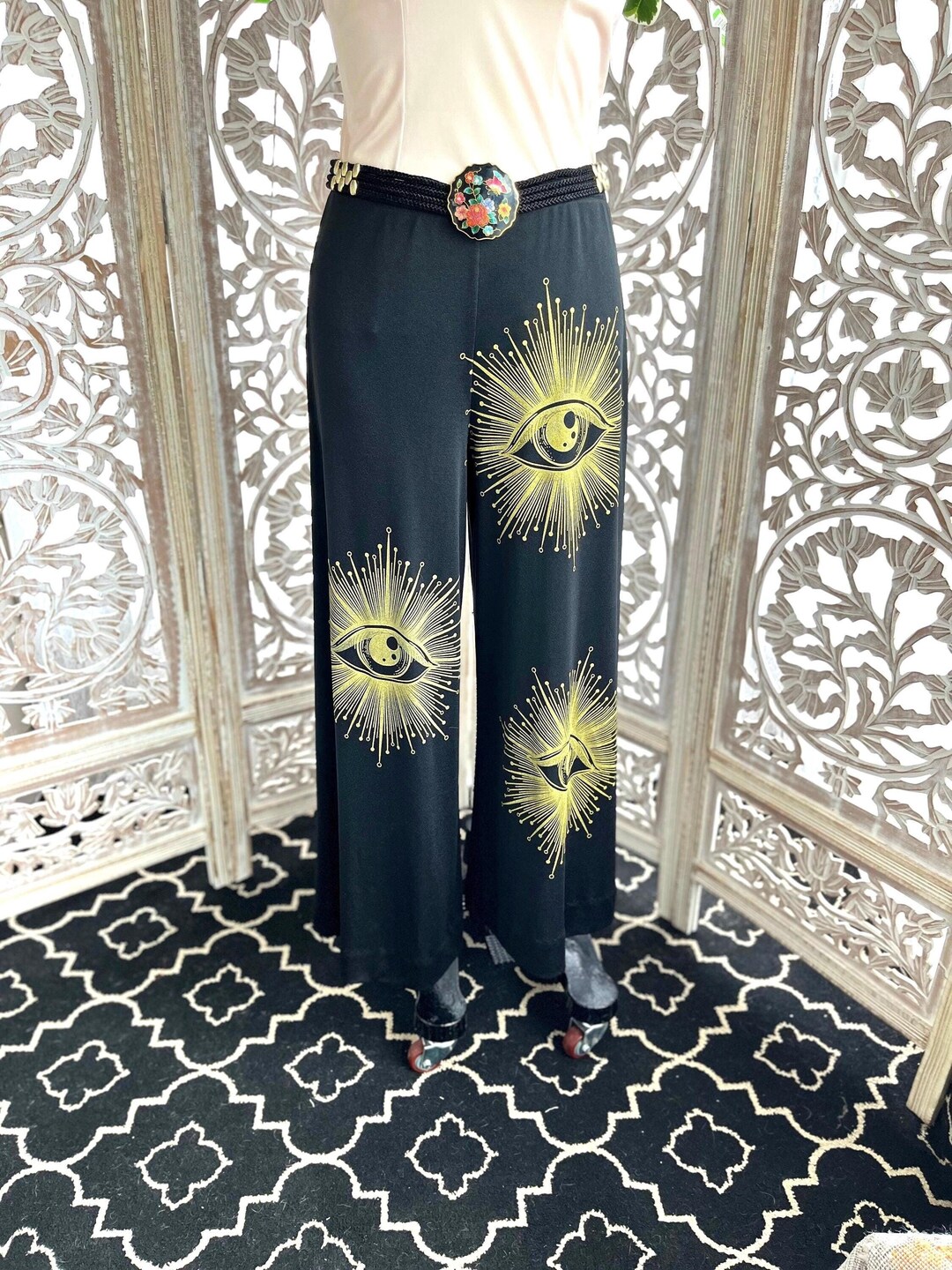 Vintage Bell Bottom, Black Gold Bell Bottoms, Hand Printed Pants, Black ...
