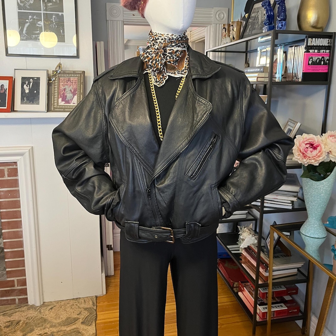 80s Leather Jacket, Vintage Leather Motorcycle Jacket, Black Leather ...