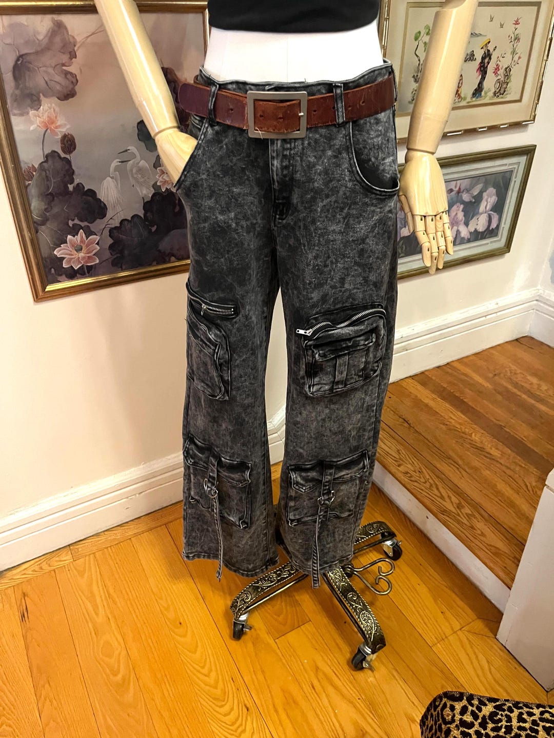 90s Black Acid Wash Cargo Pants: Stretch Denim Raver Style - Etsy