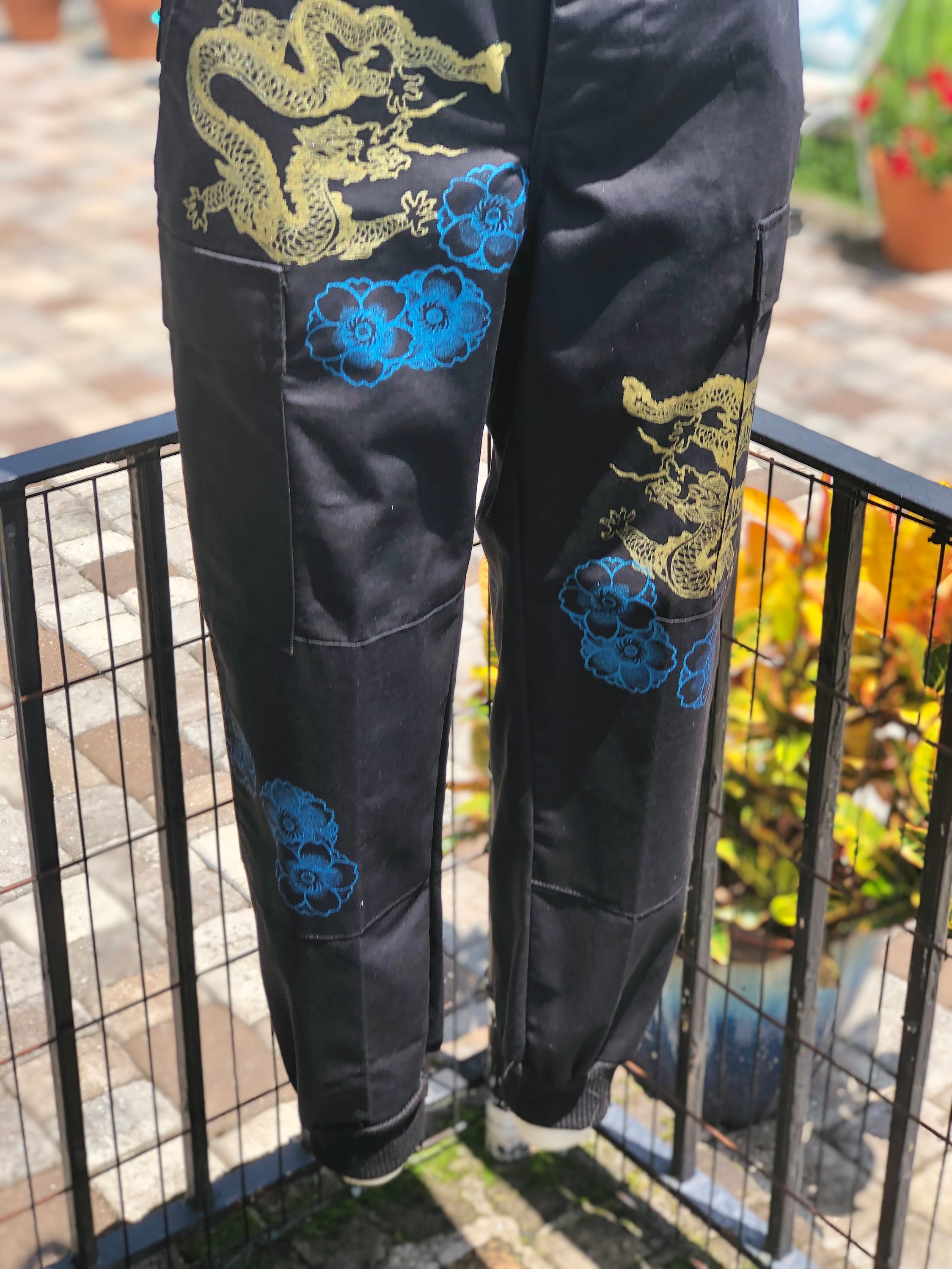 DRAGON PRINT CARGO Pants/gold Dragon Print/blue Cherry | Etsy