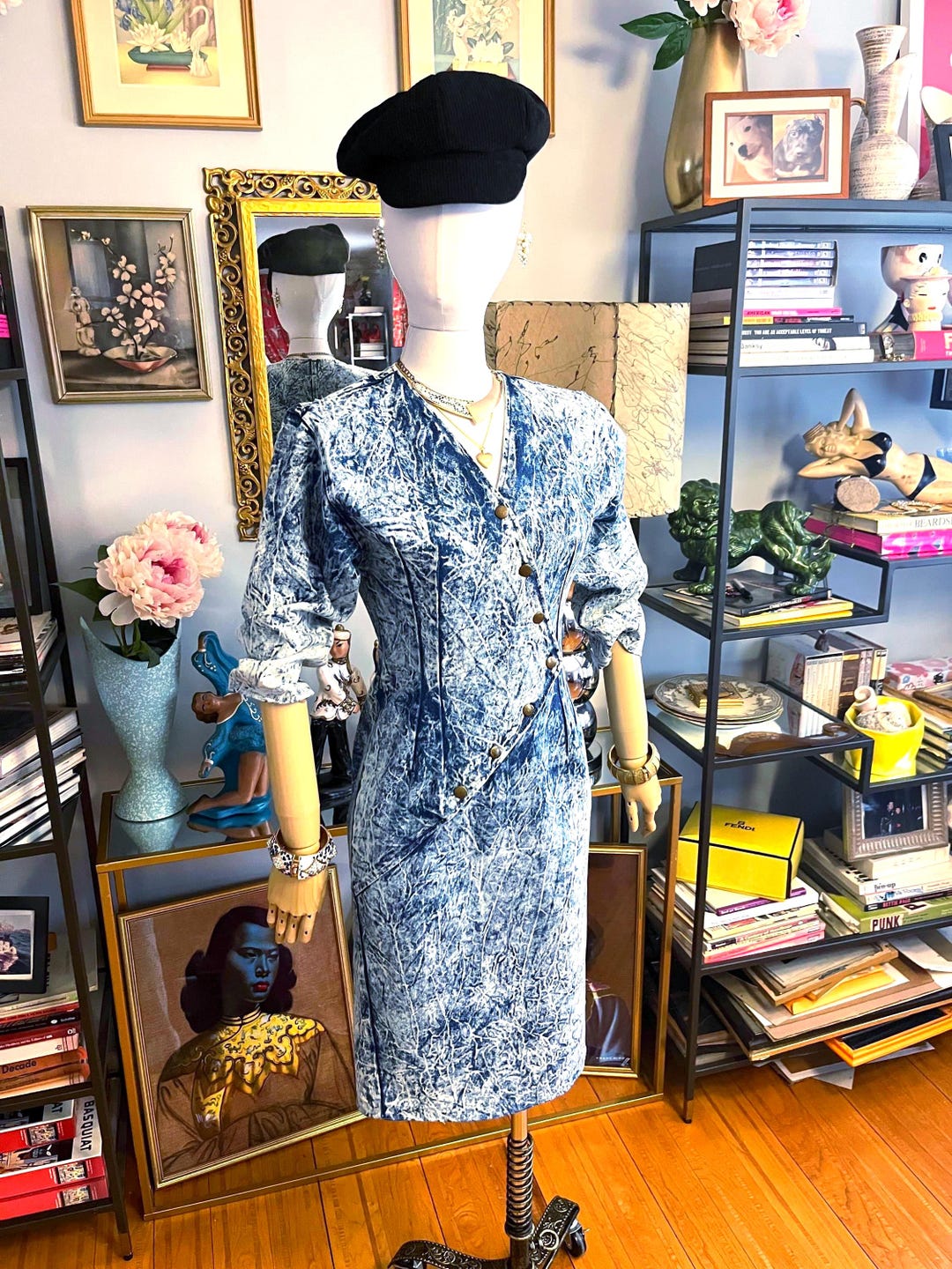 80s Acid Wash Denim Dress: Asymmetrical Snap Front Long Sleeve - Etsy