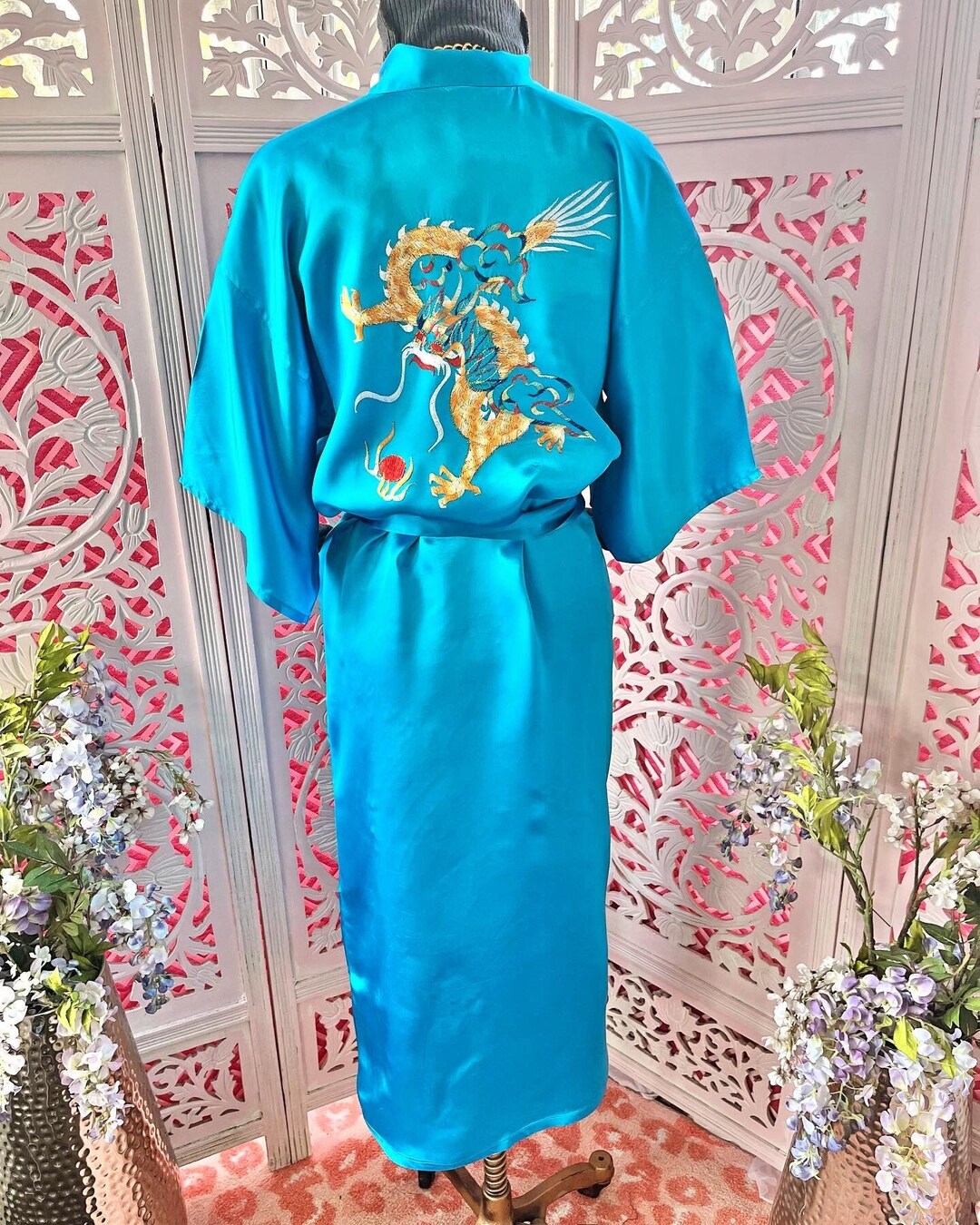 Vintage Turquoise Kimono, Dragon Embroidered Robe, Satin Robe, Satin ...