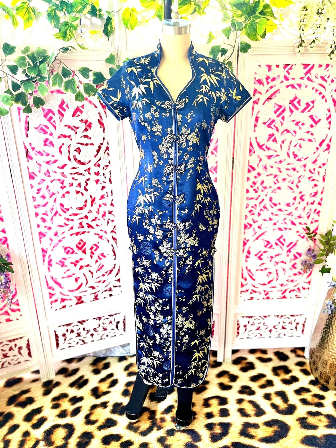 Vintage Cheongsam Dress, Blue and Gold Asian Dress, Gold Bamboo Print ...