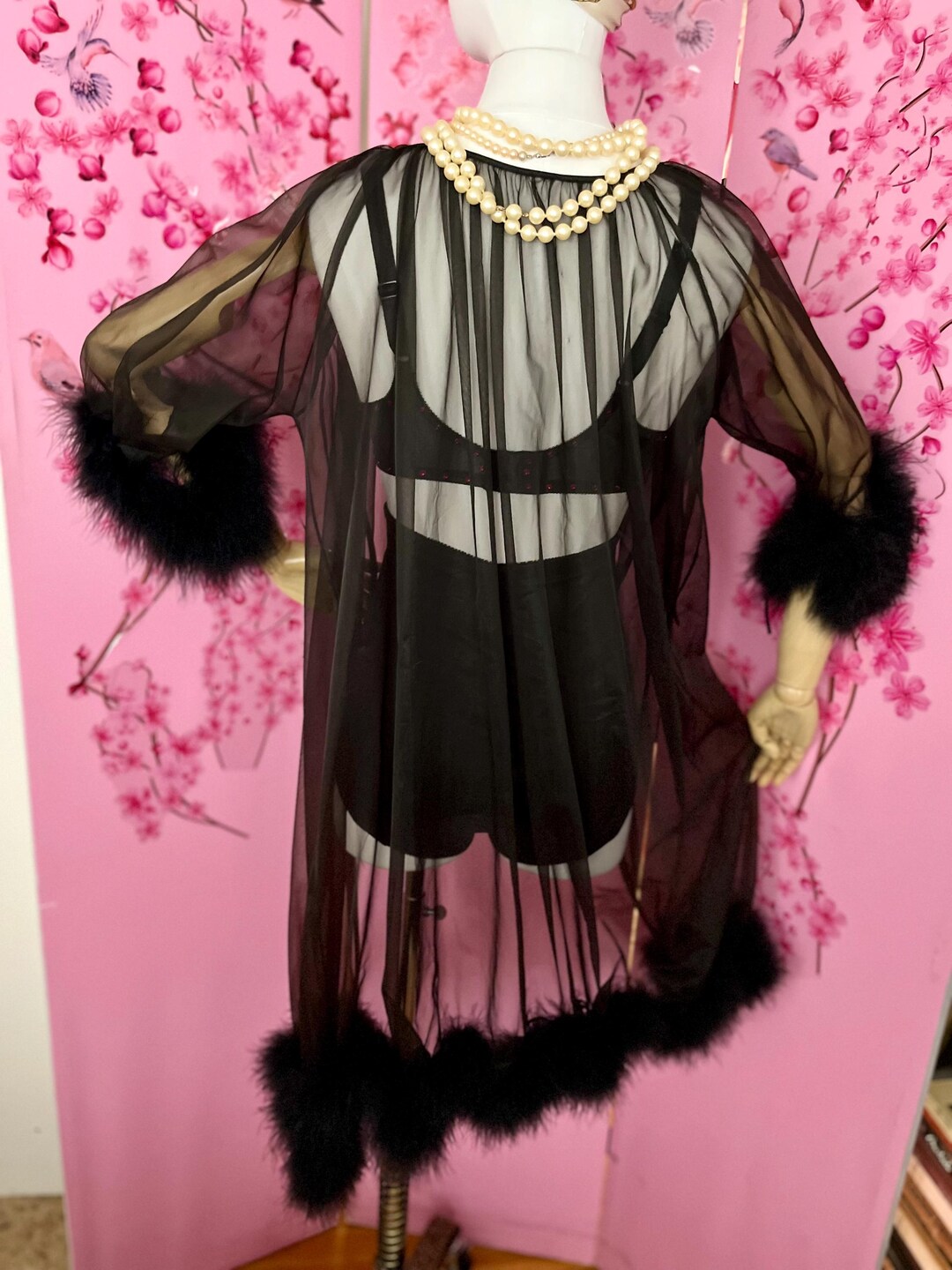 Vintage Sheer Sheer Robe, Marabou Trim Robe, 70s Sheer Lounge Robe ...