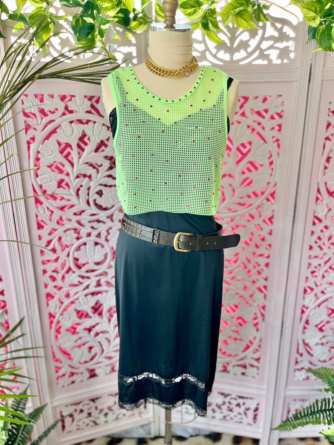 90s Neon Mesh Top, Neon Green Mesh Top, Mesh Crop Top, Rhinestone Crop ...