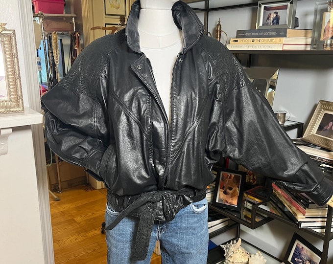 Vintage 80s Batwing Leather Bomber Jacket: Unisex Black Textured Coat ...