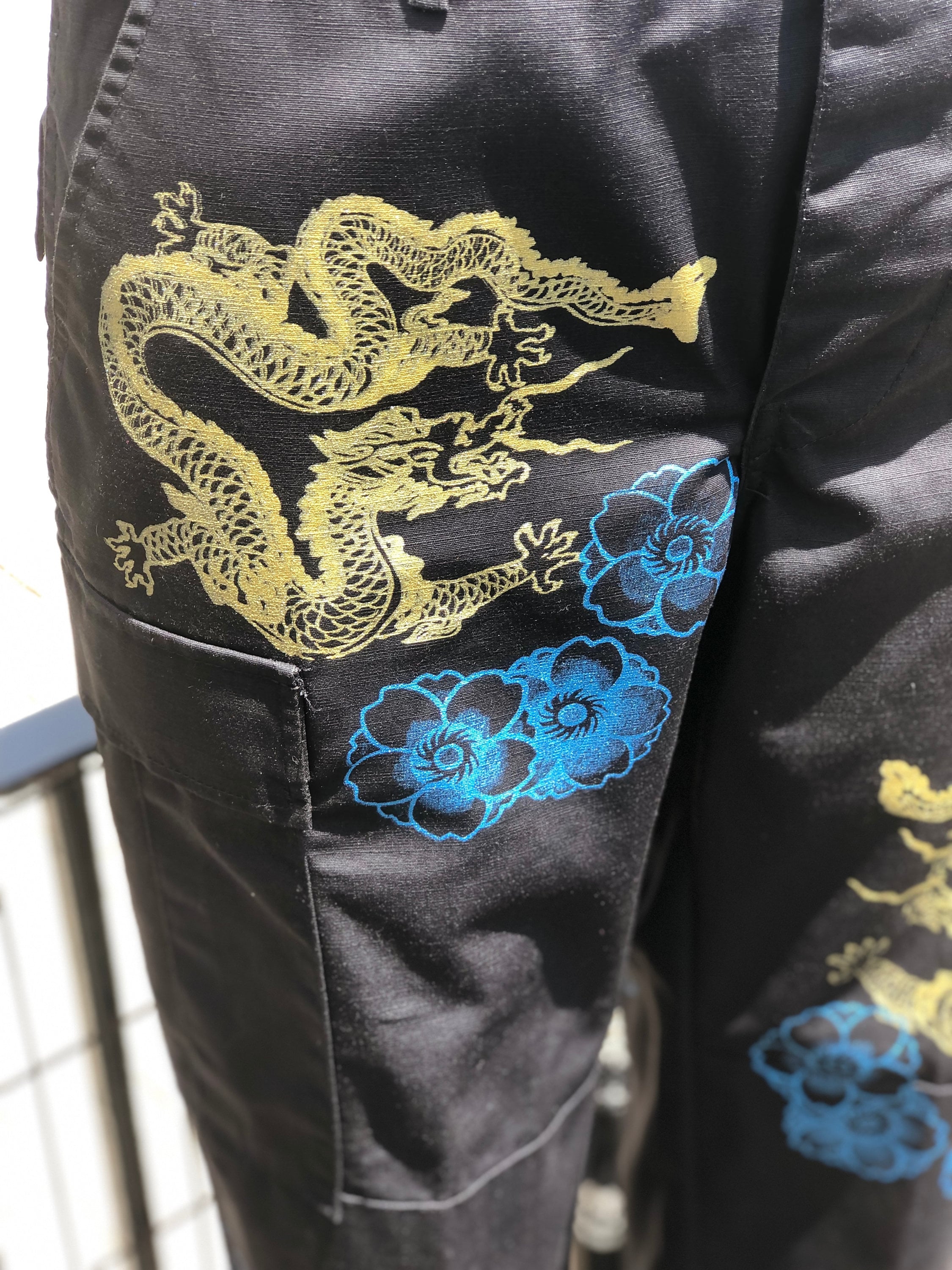 DRAGON PRINT CARGO Pants/gold Dragon Print/blue Cherry | Etsy
