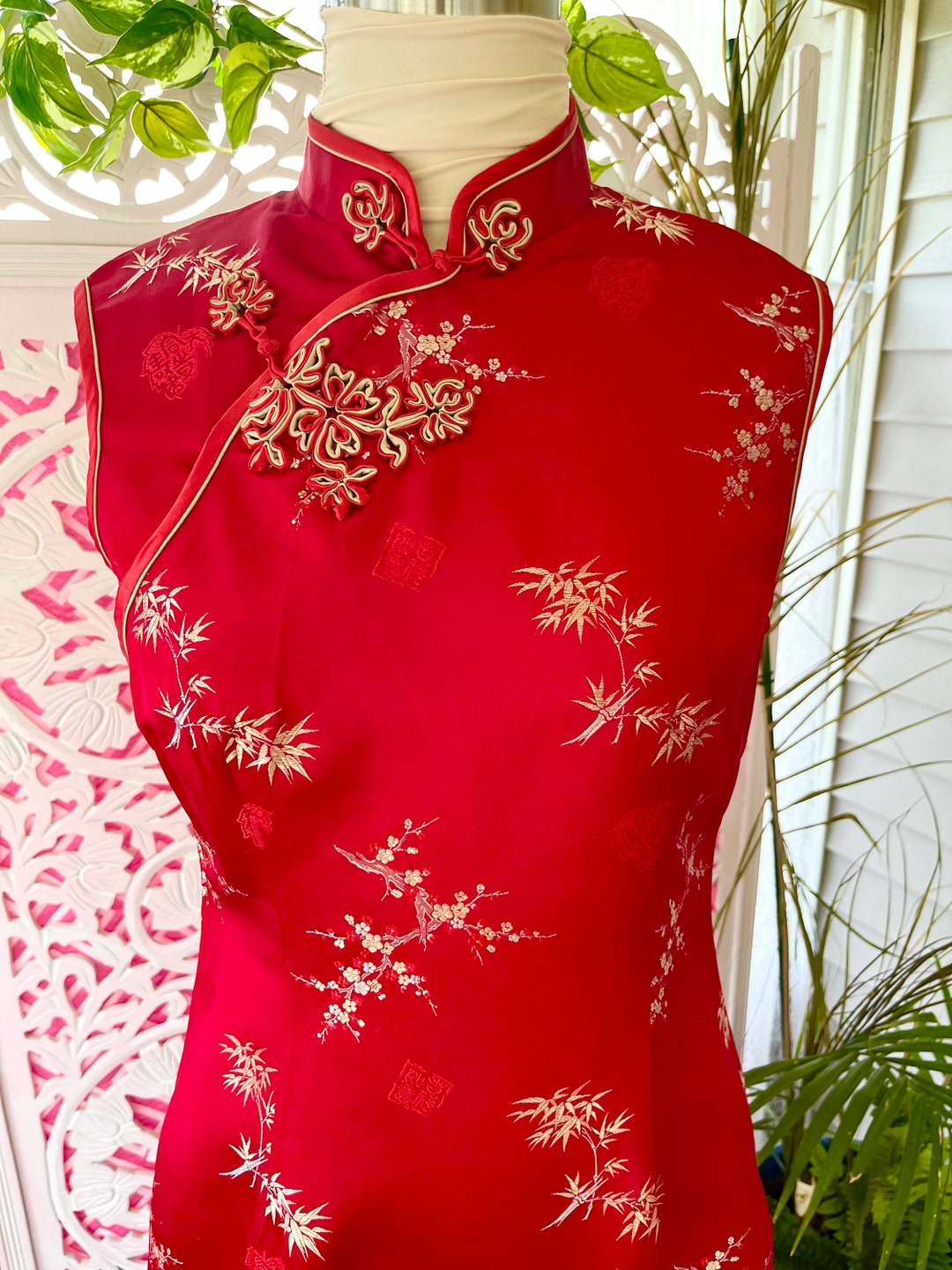 VINTAGE CHEONGSAM DRESS, Red Satin Dress, Satin Maxi Dress,chinese ...