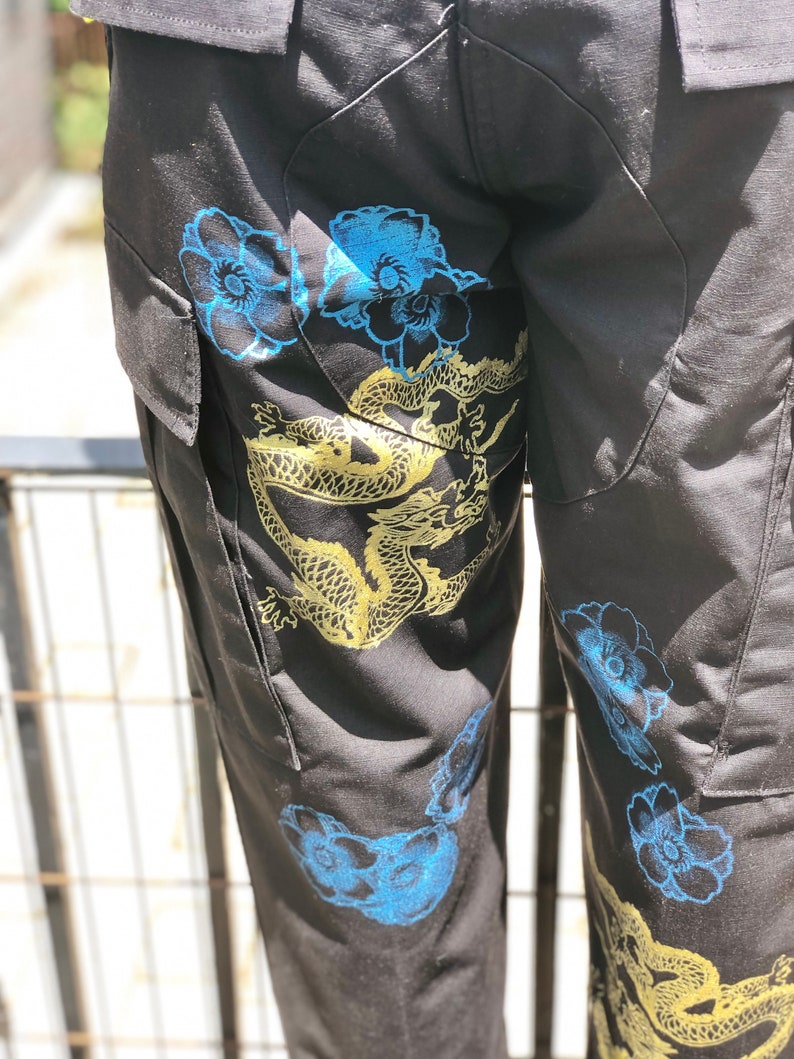 DRAGON PRINT CARGO Pants/gold Dragon Print/blue Cherry | Etsy