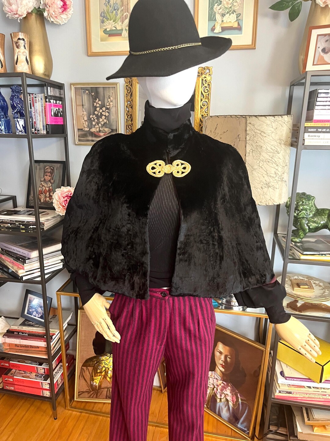 Vintage 40s Black Velvet Faux Fur Caplet: Glam Mourning Cape - Etsy