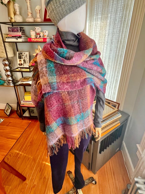 Plaid shawl, 60s plaid shawl, wool acrylic shawl, vin… - Gem