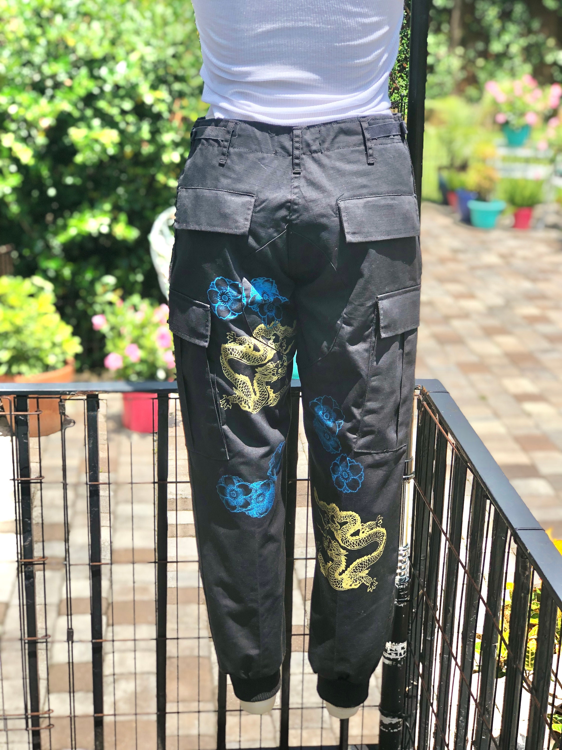 DRAGON PRINT CARGO Pants/gold Dragon Print/blue Cherry | Etsy