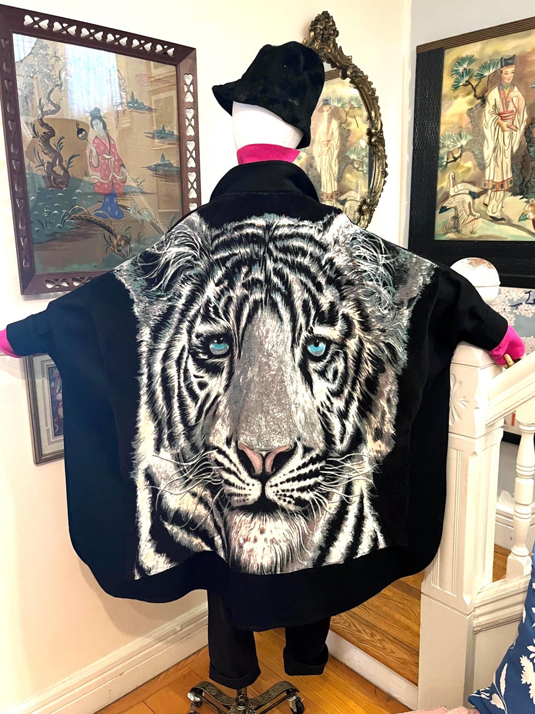 Black Wool Tiger Face Cape, Tiger Cape, Upcycled Wool Cape, 80s Cape ...