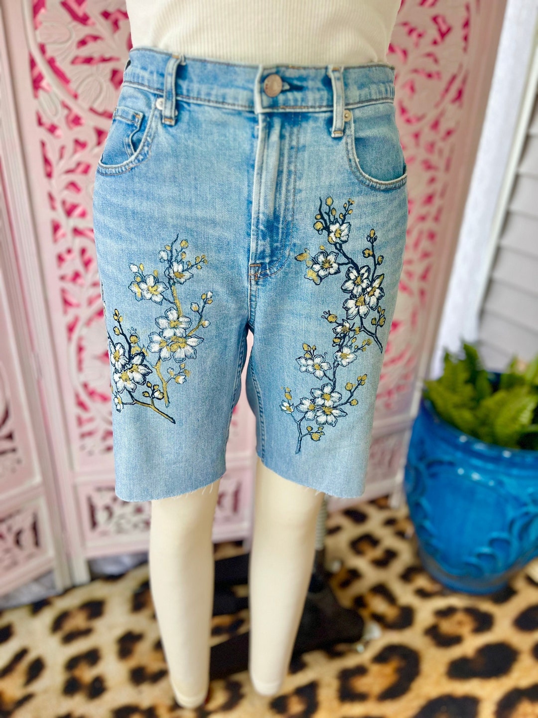 FLOWER PRINT CUTOFFS, Vintage Jean Shorts, Cherry Blossom Print, Hand ...