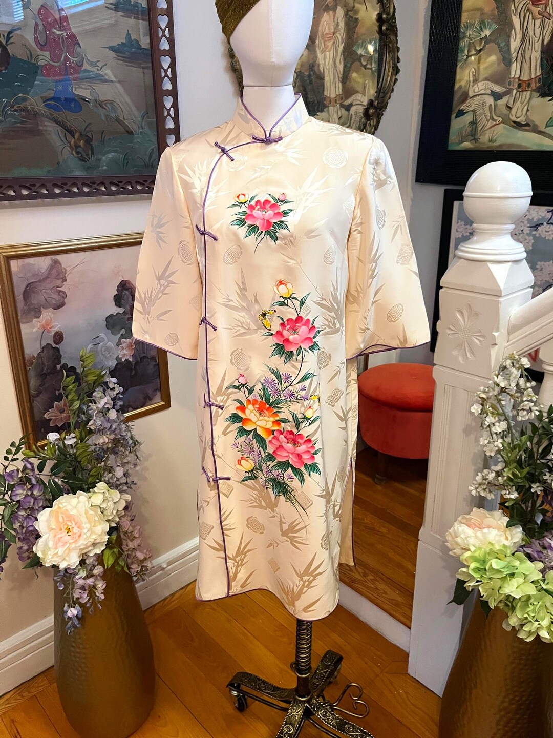 Hand Painted Flowers Silk Cheongsam Dress: Cream Bamboo Jacquard - Etsy