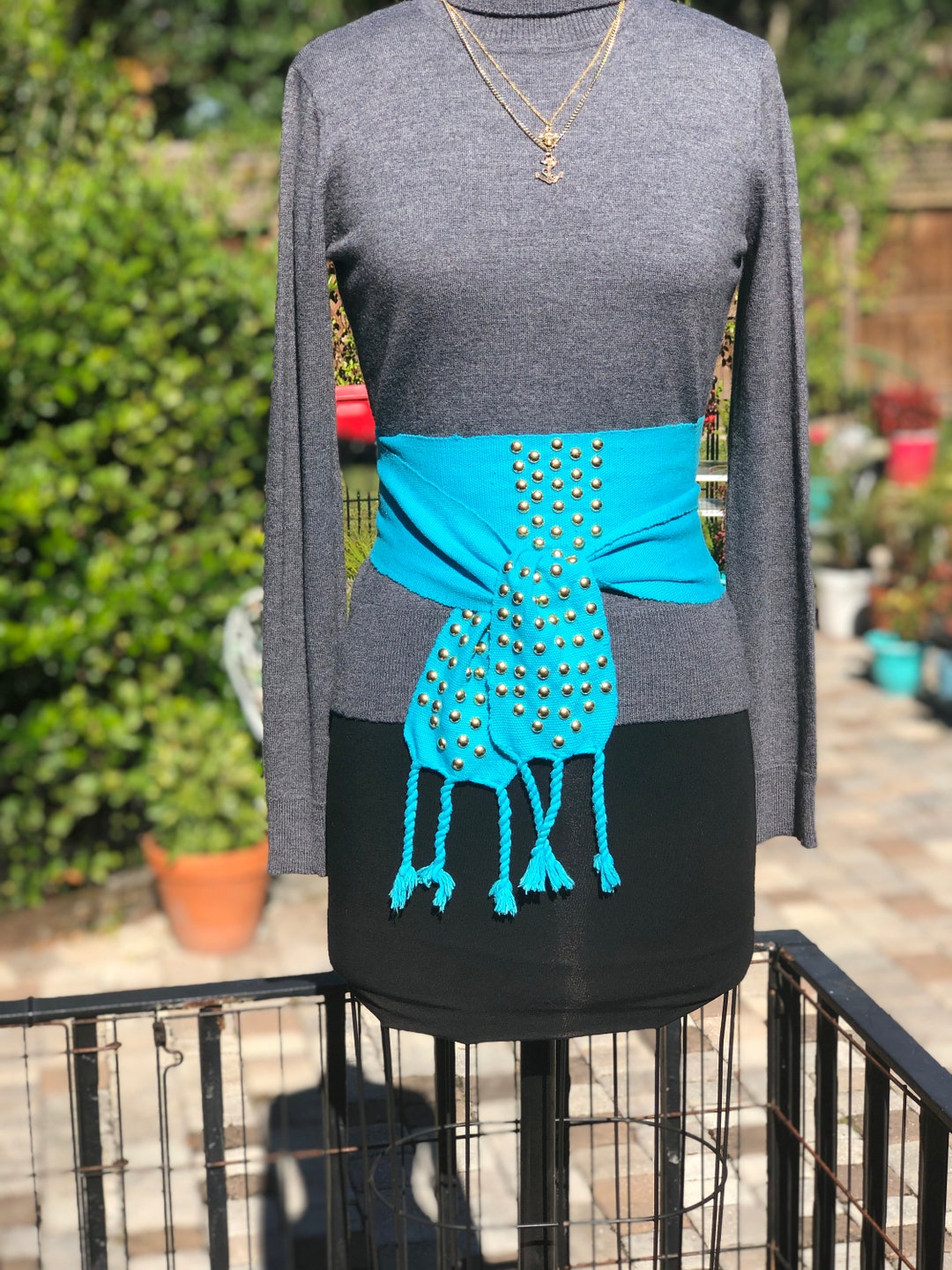 Upccyled Vintage Sash Belt, Studded Belt, Cloth Sash Belt, Turquoise ...