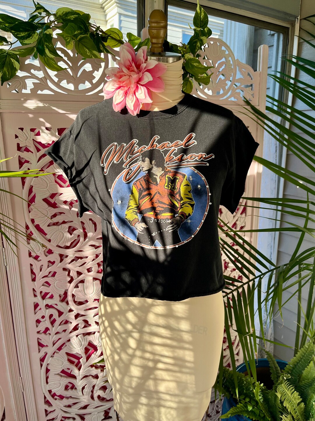 Rhinestone Michael Jackson Tee, Crop Michael Tee, Upcycled King of Pop ...