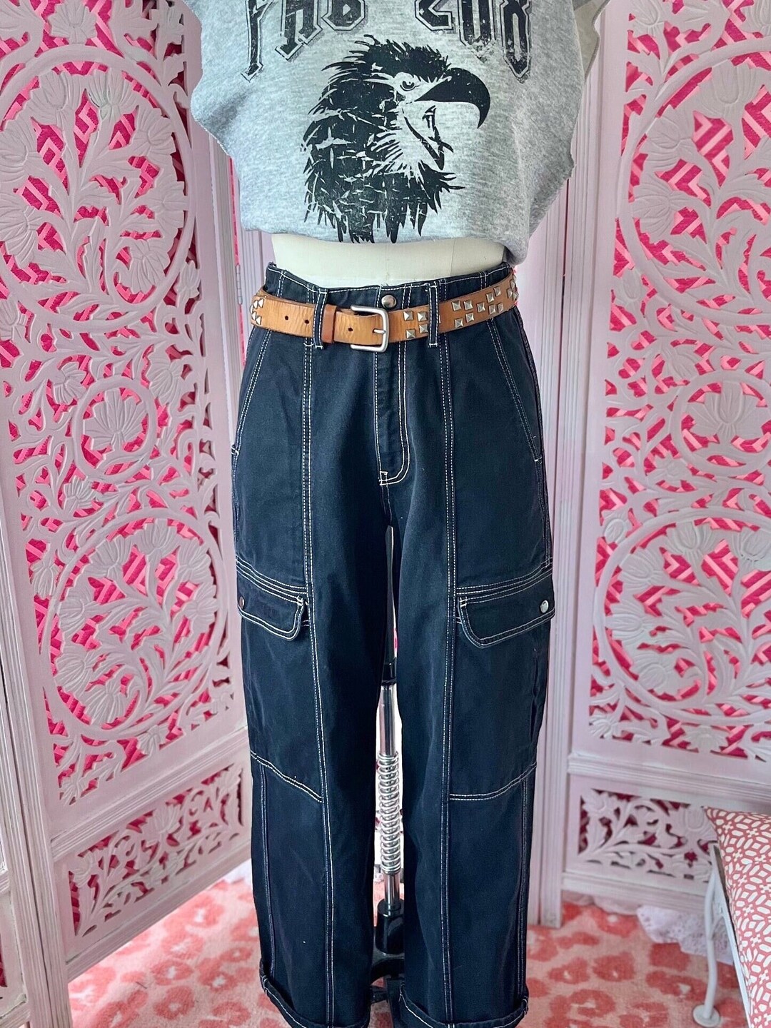 90S HIGH WAIST Pants/top Stitch Black Pants/vintage 90s Pants/90s Cargo ...