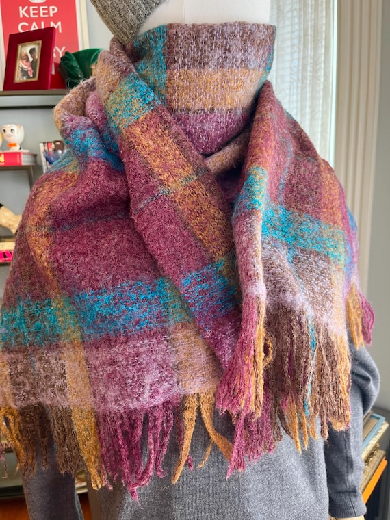 Plaid shawl, 60s plaid shawl, wool acrylic shawl, vin… - Gem