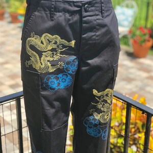 DRAGON PRINT CARGO Pants/gold Dragon Print/blue Cherry | Etsy