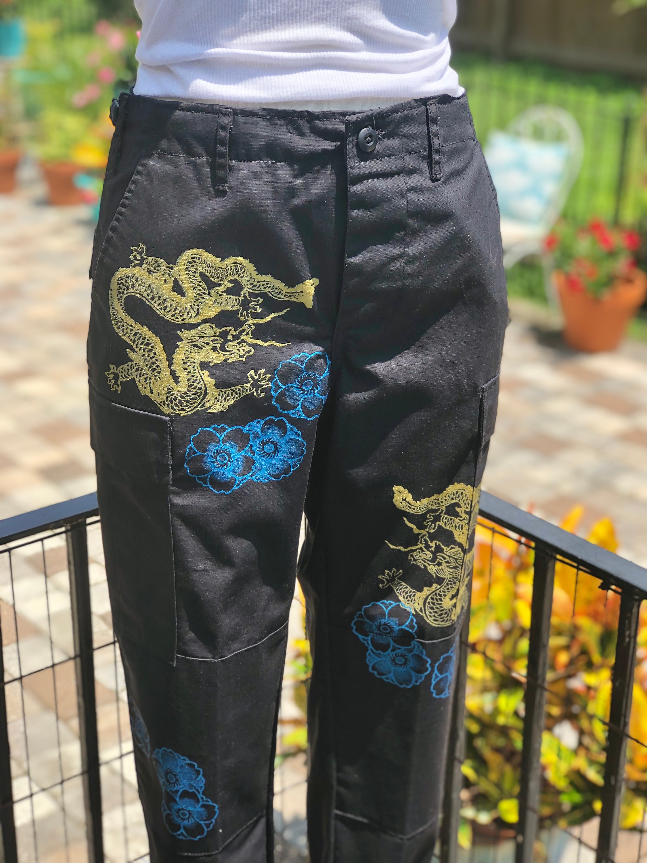 DRAGON PRINT CARGO Pants/gold Dragon Print/blue Cherry | Etsy