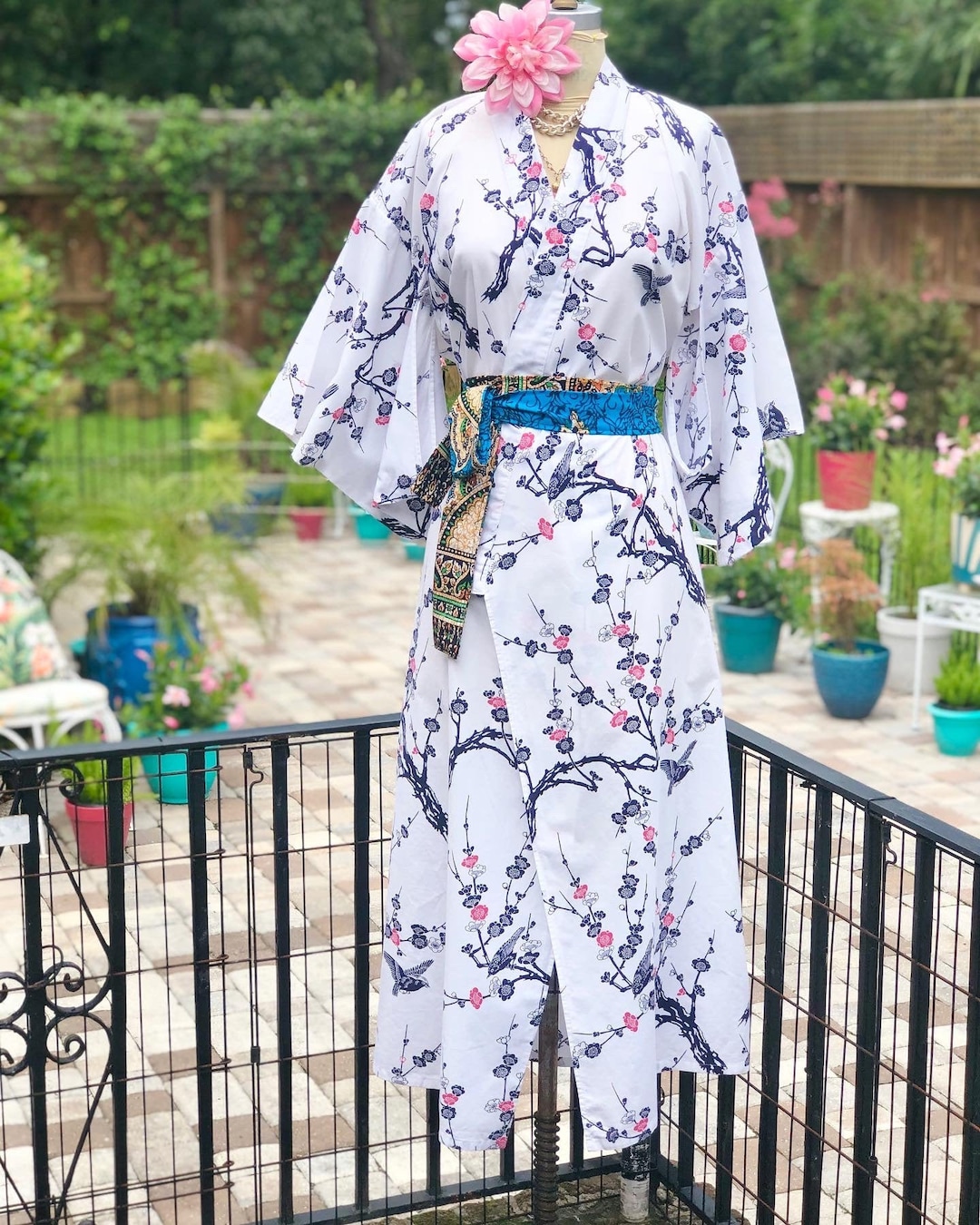 Vintage Yukata Japanese Cotton Kimono, Cotton Kimono, White and Navy ...