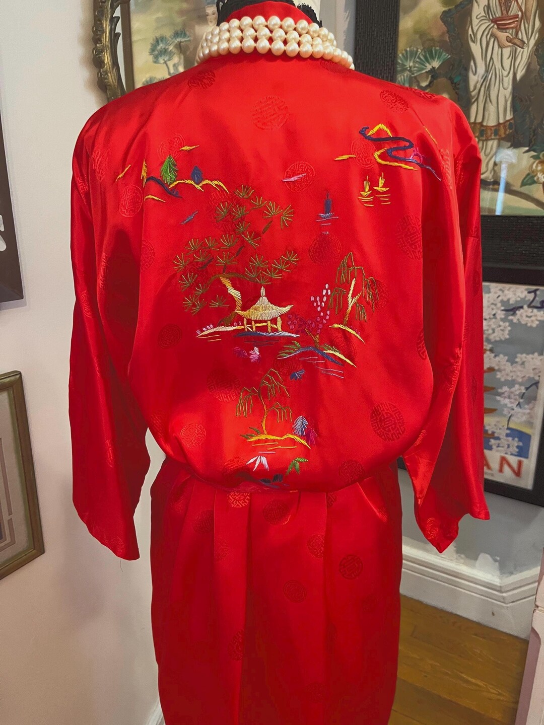 Red Kimono Robe, Embroidered Robe, Long Red Robe, Belted Robe, Vintage ...