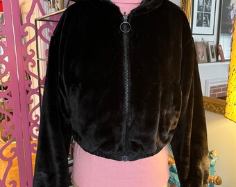Reversible Fake Fur and Satin Bomber Jacket, Black Fake Fur Reversible Fake Fur and Satin Bomber Jacket, Black Fake Fur