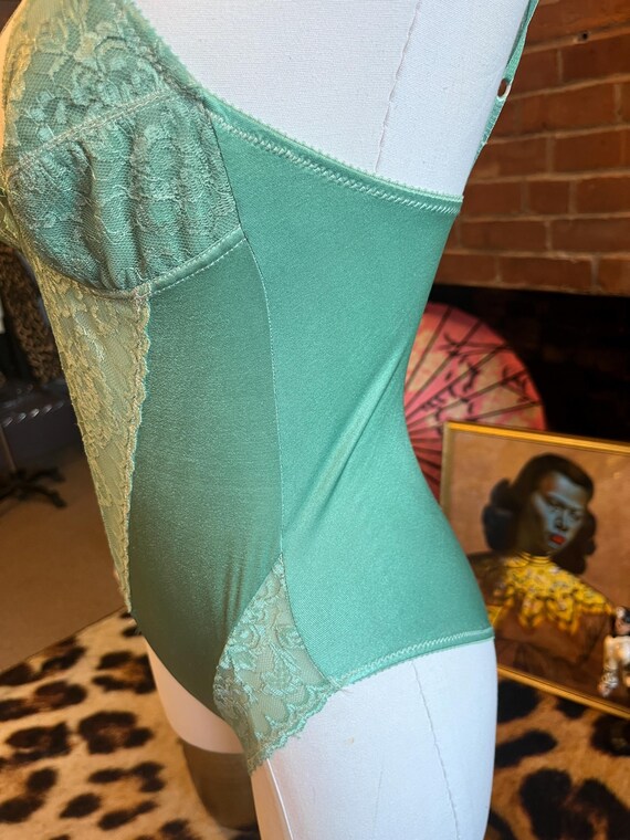 70s 34A Green Hand Dyed Bodysuit : Lace Bust, Lycra B… - Gem